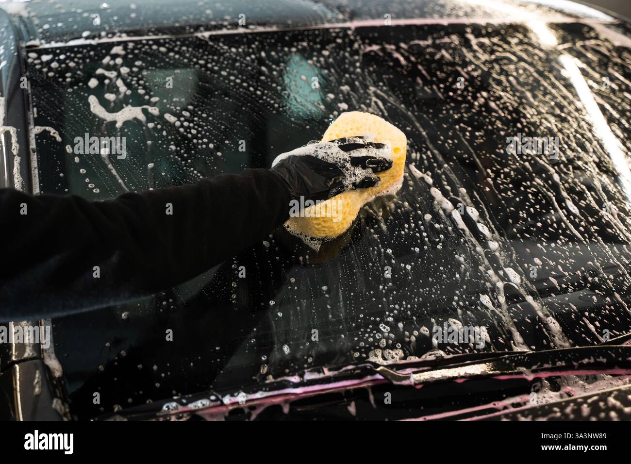 Suds cascade down the vehicle glass. Car cleaner is washing windscreen ...