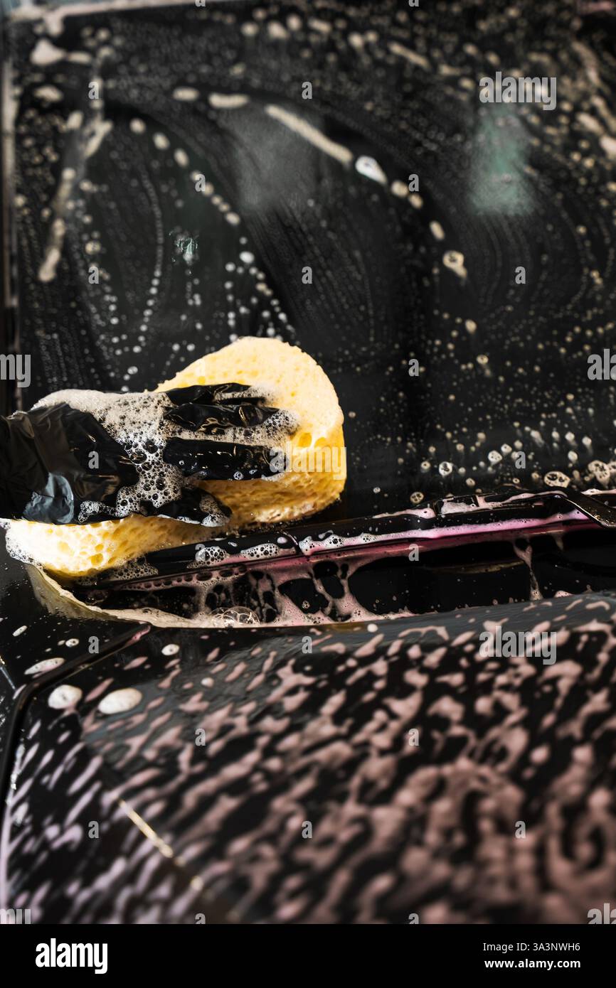 Worker washing windscreen with sponge on a car wash. Suds cascade down ...