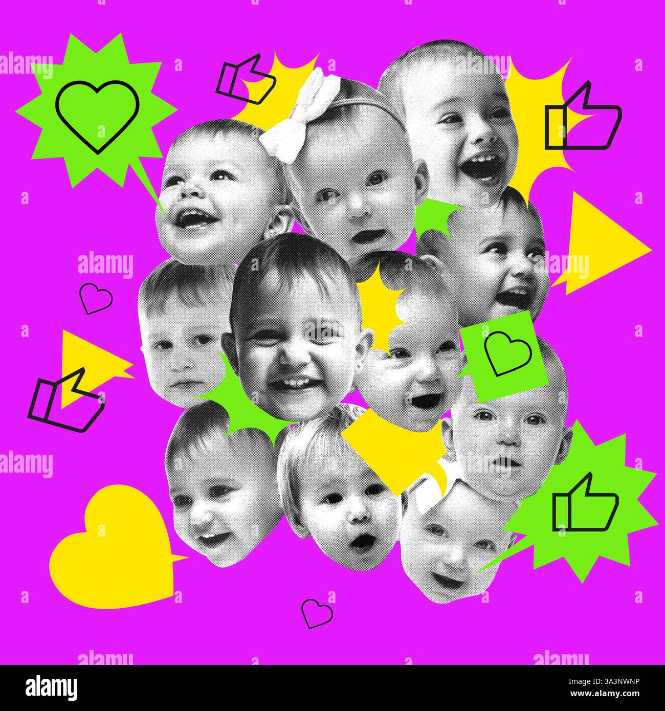 Joyful baby faces surrounded by social media symbols. Expressing ...