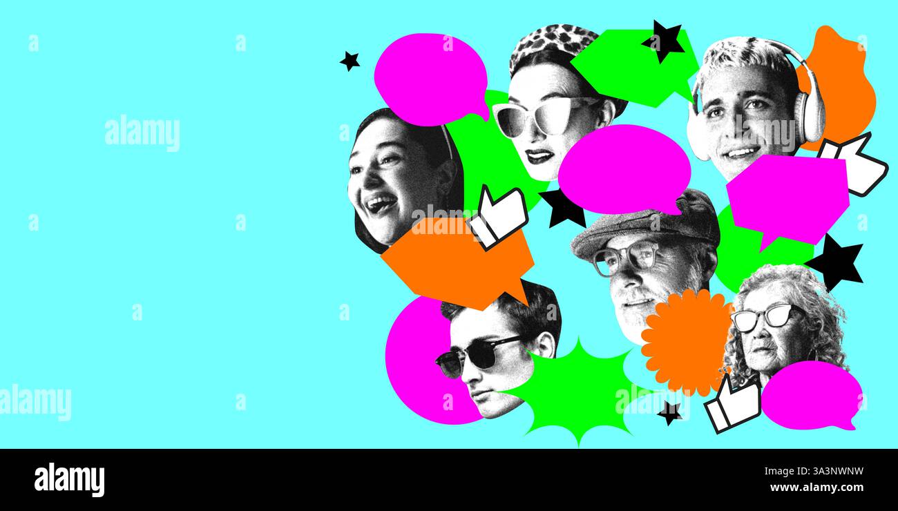 Diverse group of people with colorful speech bubbles and icons ...