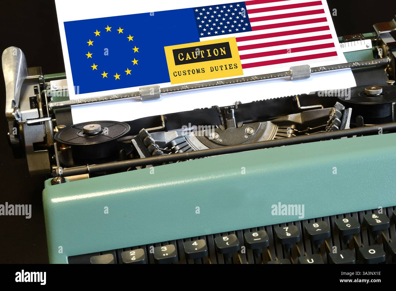 European Union and USA flags with write Custom Duty on a vintage ...