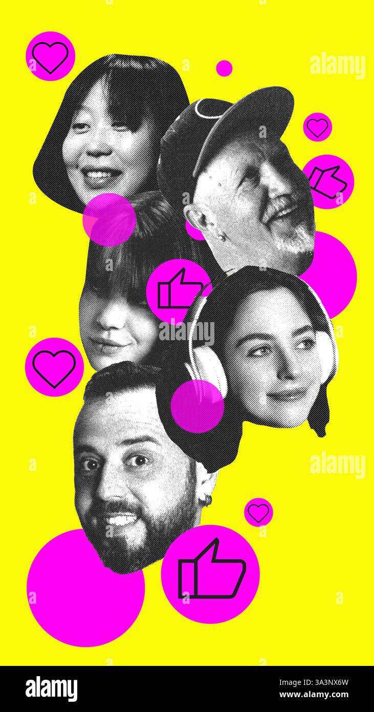 Diverse group of people interacting through digital symbols ...