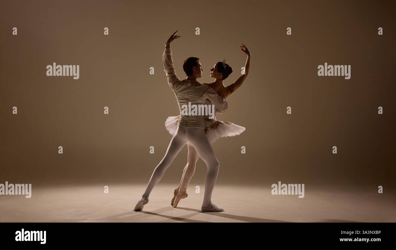 Partners perform in graceful unison, ballerina's tutu lifts with movement, soft light tracing ...