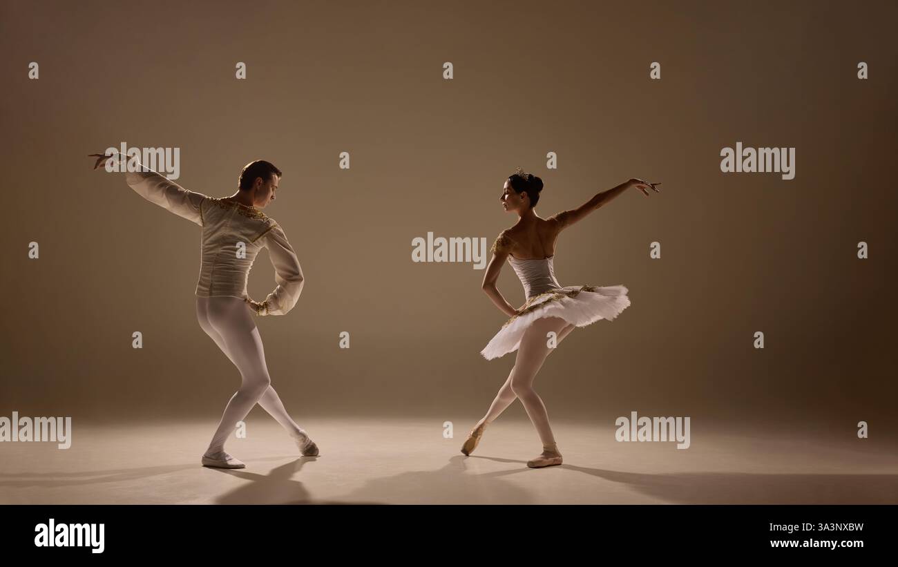 Ballet duet flows together, arms extended, legs poised, every movement ...