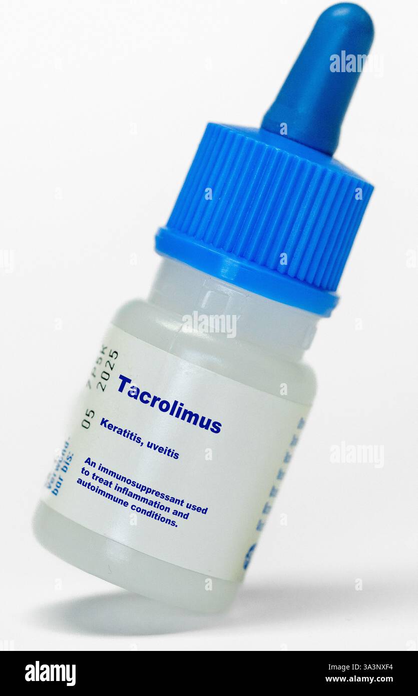 Tacrolimus Keratitis, uveitis medical drops in a plastic bottle An ...
