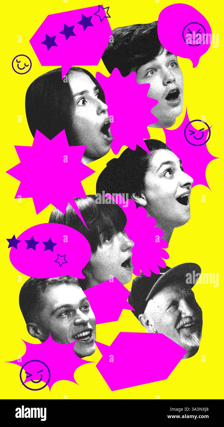 Amazed human expressions with speech bubbles and rating symbols ...