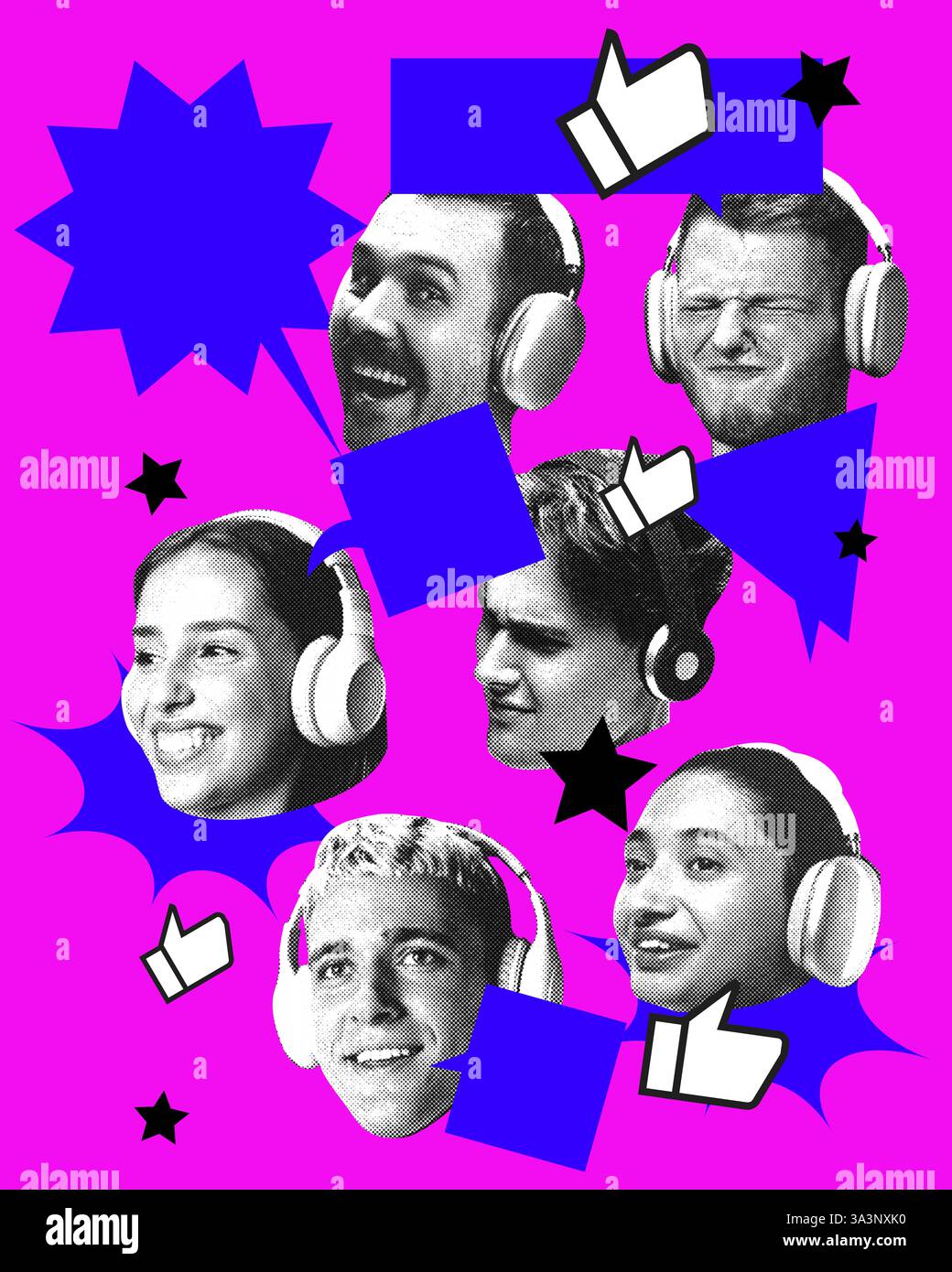 Expressive human faces engaging through bold digital graphics ...