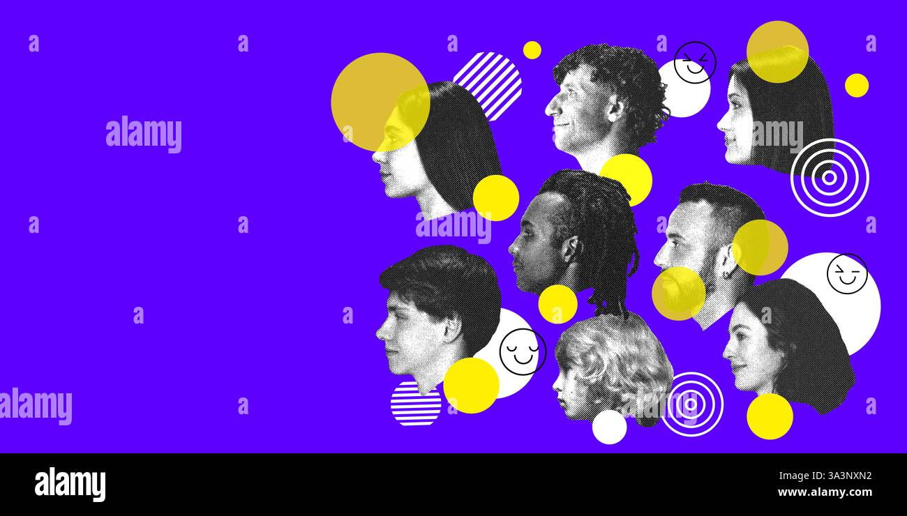 Side-profile portraits connected by abstract symbols and shapes ...