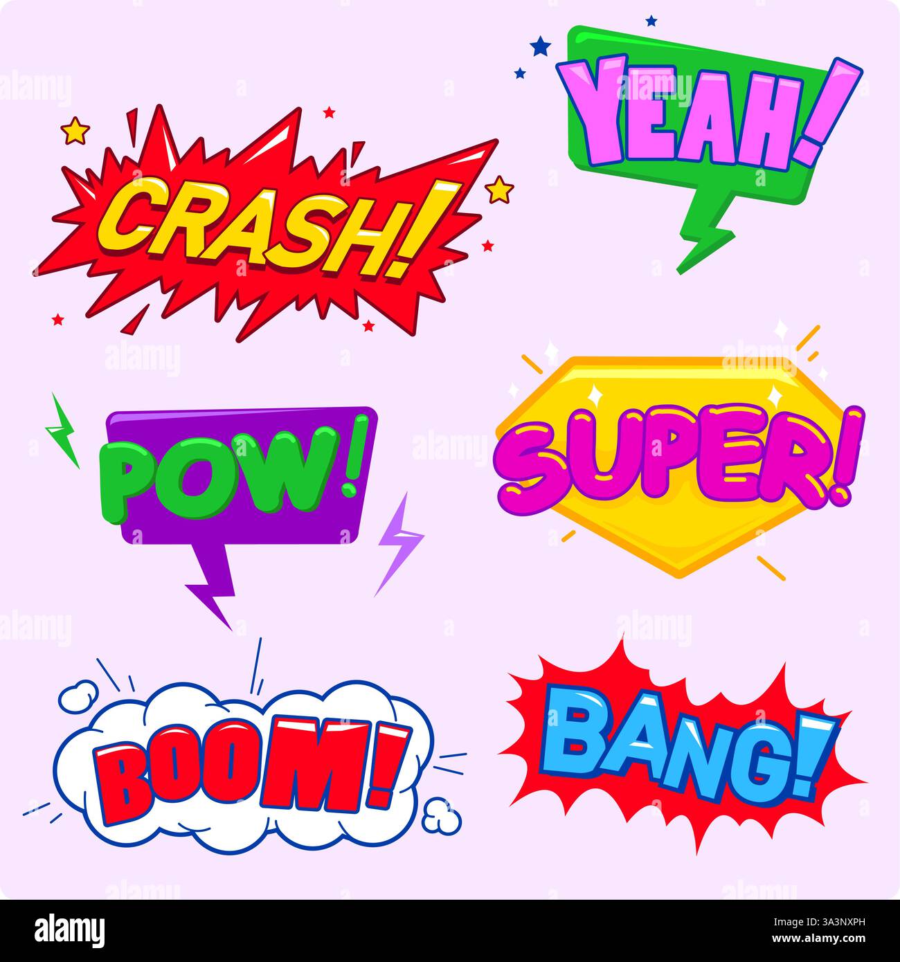 Comic book speech bubbles. Crash, boom, bang talk sound effects logos. Superhero comics sticker ...