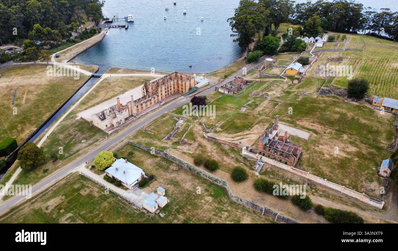 Ruins of an old prison and it´s surrounding buildings, seen from above ...