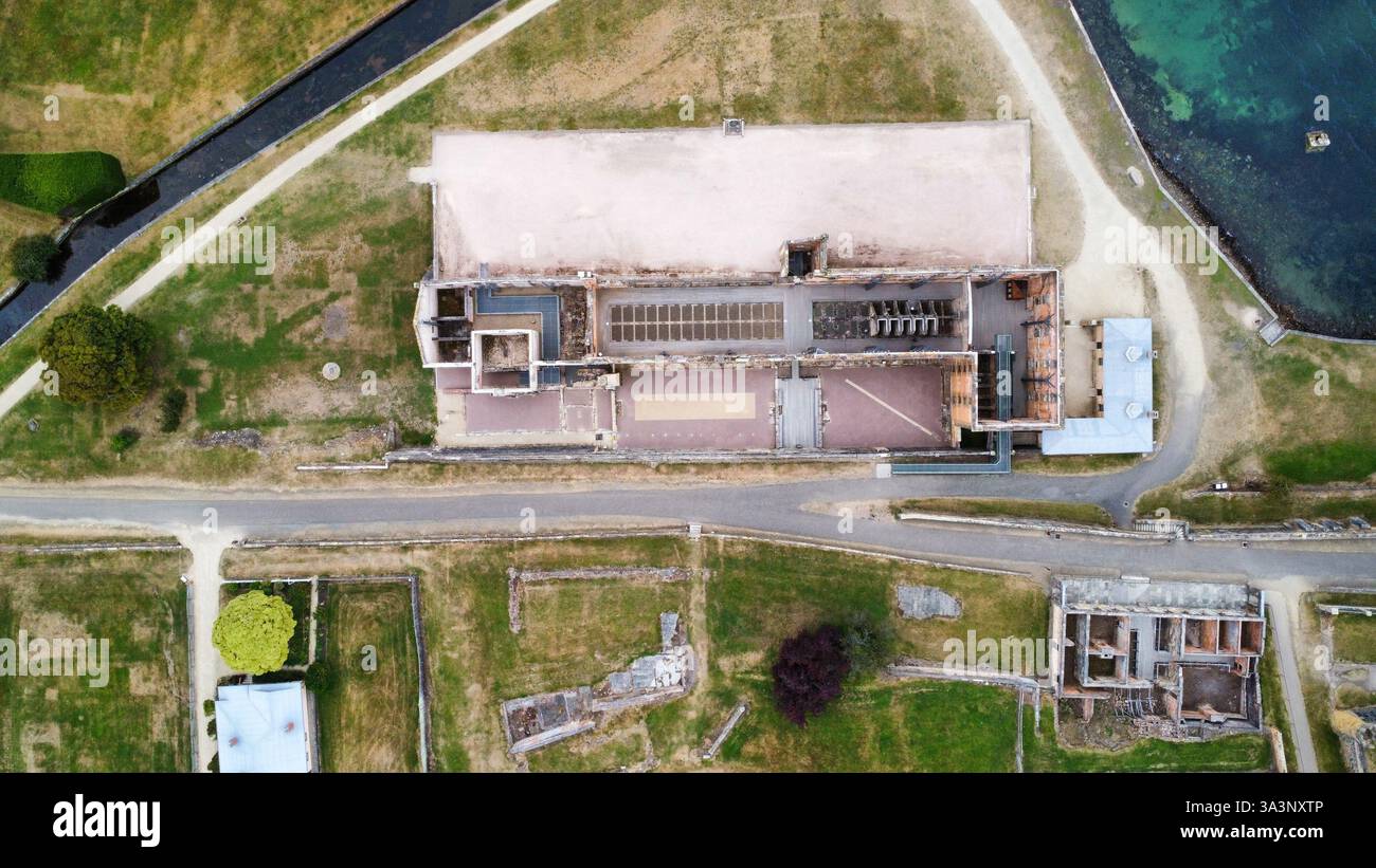 Ruins of an old prison and it´s surrounding buildings, seen from above ...
