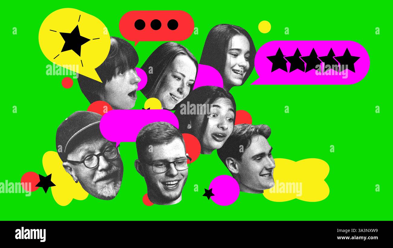Vibrant mix of diverse faces with speech bubbles and rating symbols ...