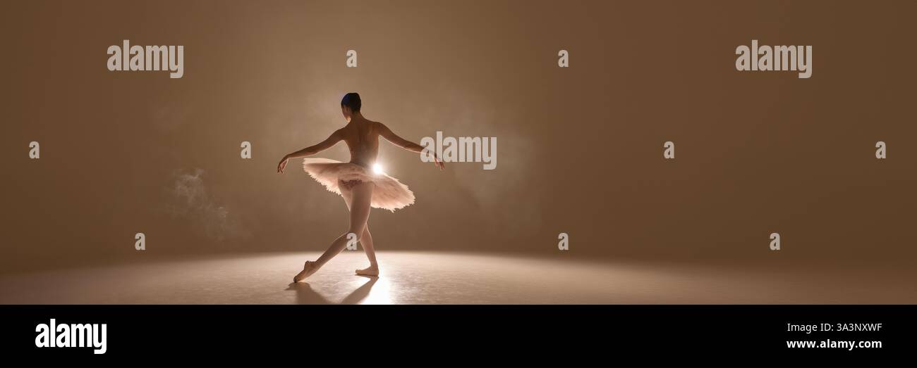 Banner. Ballerina moves alone in dreamlike pirouette, golden glow ...