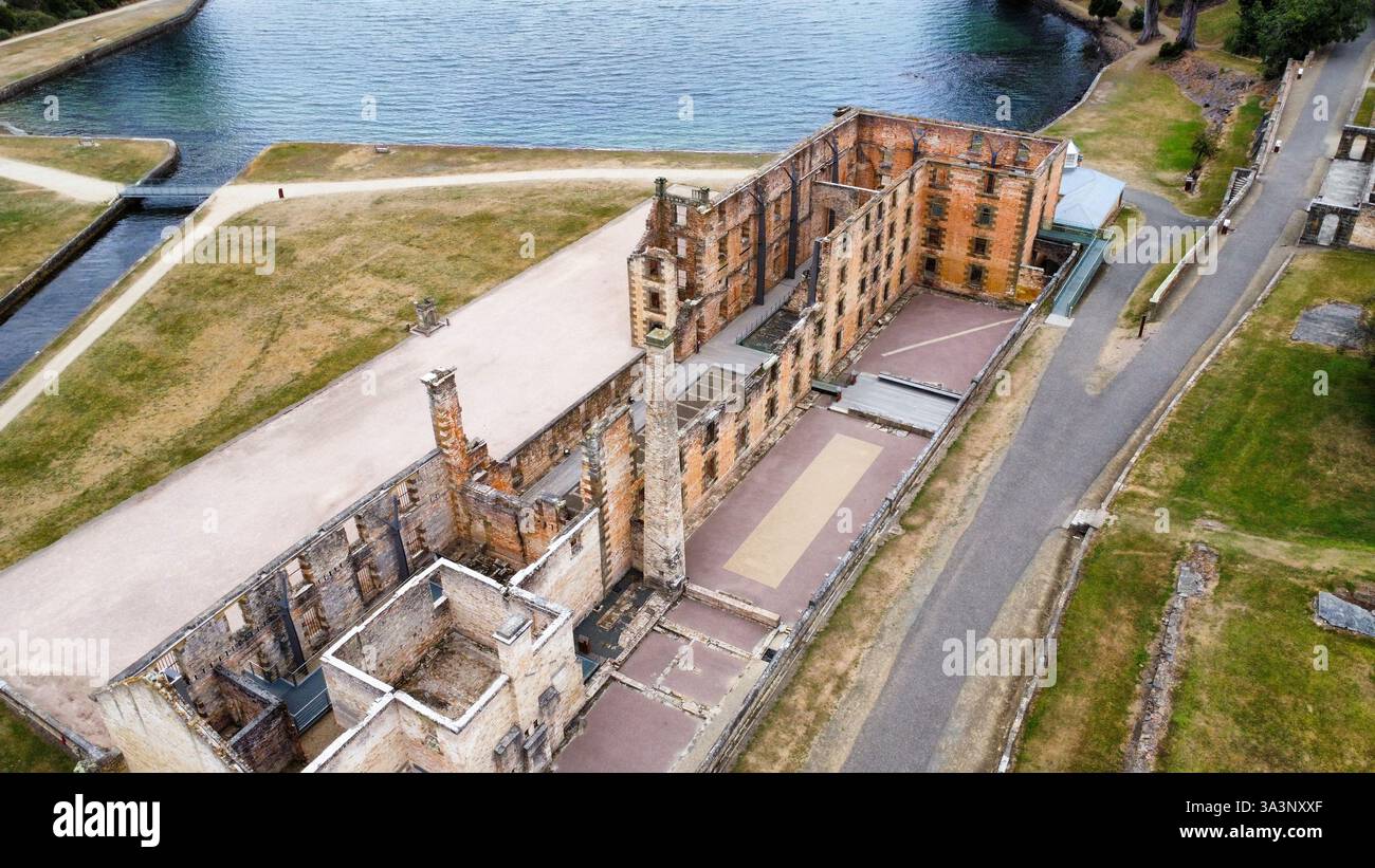 Ruins of an old prison and it´s surrounding buildings, seen from above ...