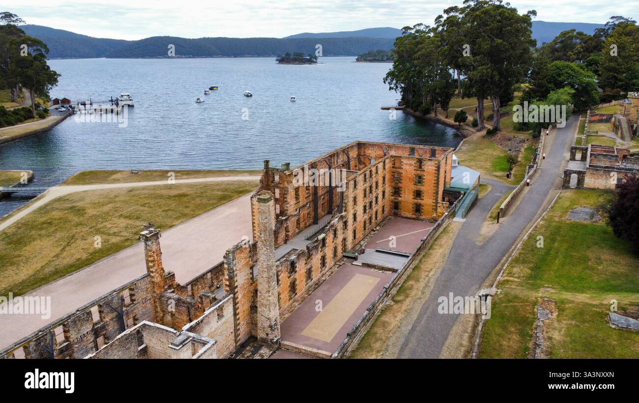 Ruins of an old prison and it´s surrounding buildings, seen from above ...