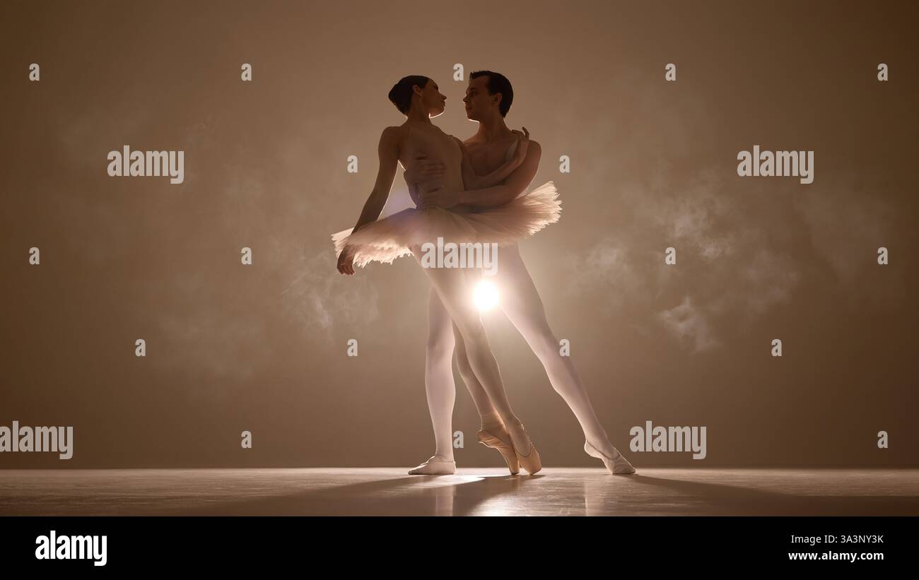 Ballet duet holds intimate pose, ballerina's tutu lifted in soft motion ...