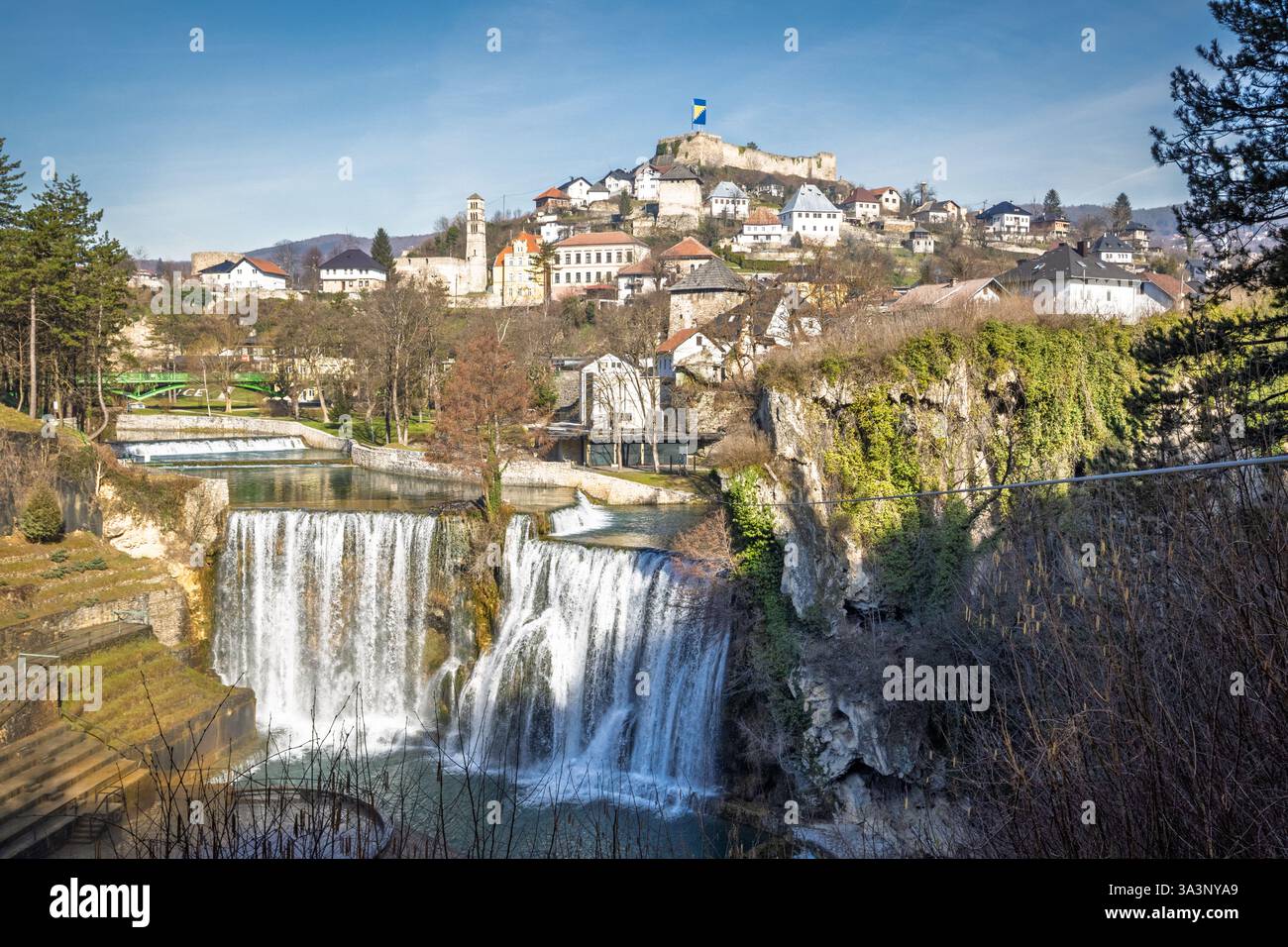 A beautiful view of the Pliva waterfall next to the Vrbas River in the ...