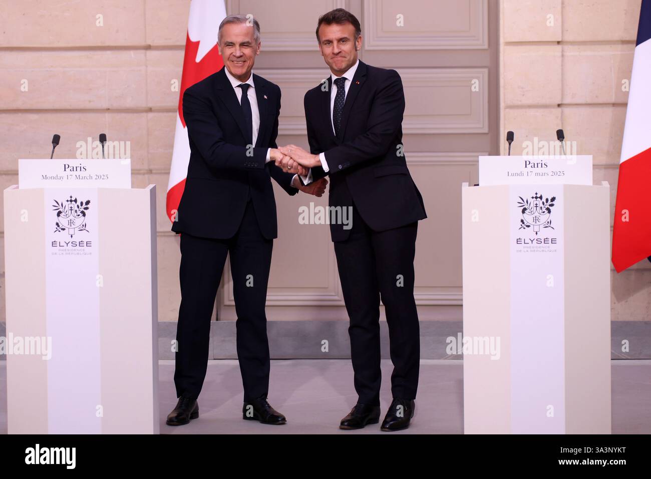 French President Emmanuel Macron, right, and Canada's Prime Minister ...