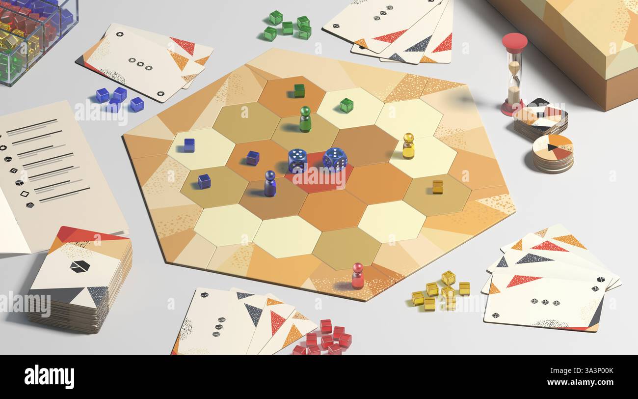 Colored board game field with chips, dice and cards mockup Stock Photo ...