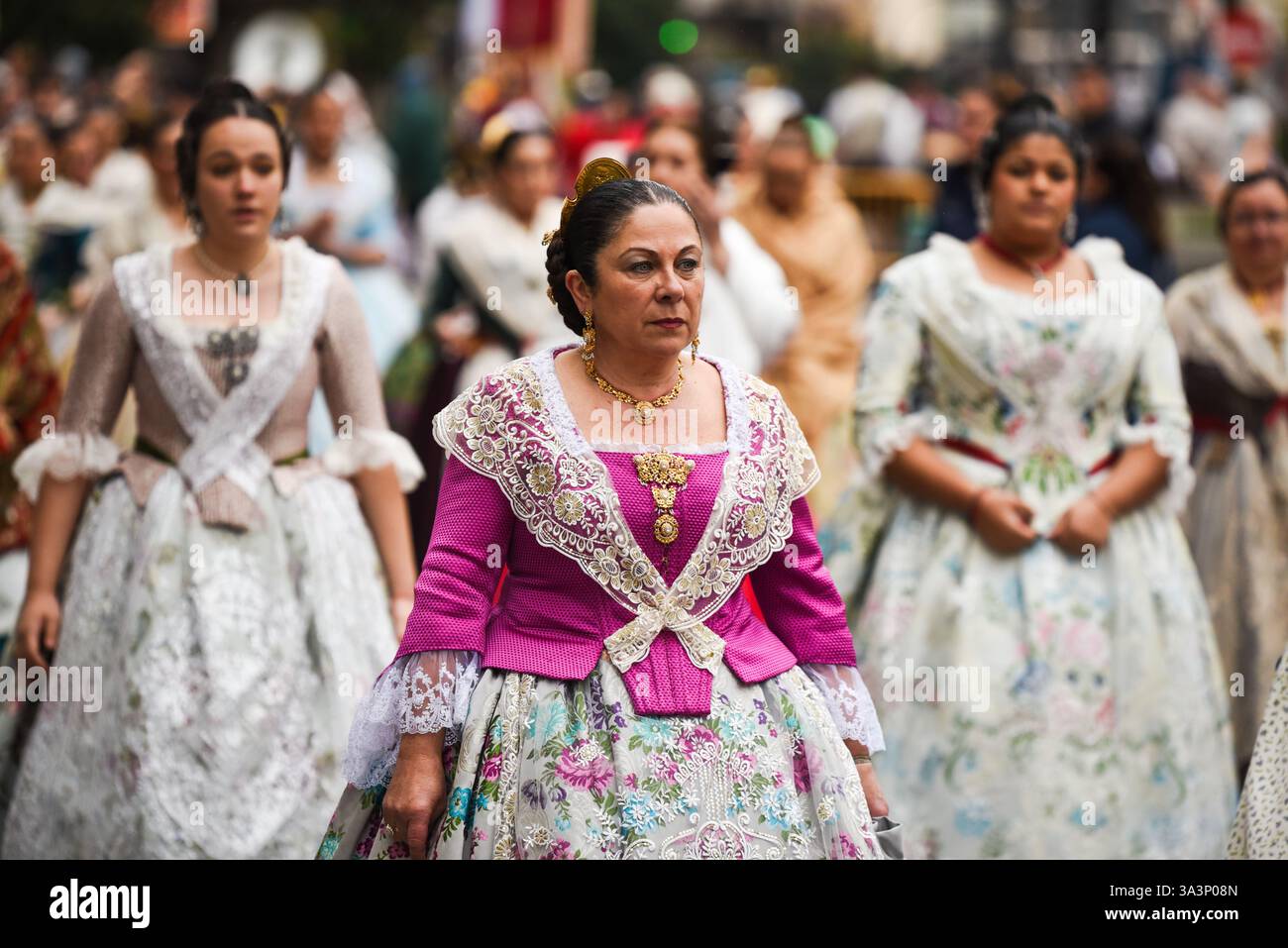 Valencia, Spain - 17th March 2025. Young ladies Falleras walking in ...