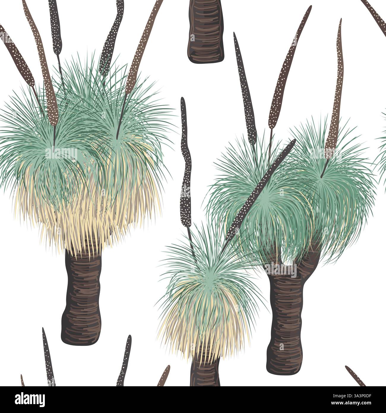 Xanthorrhoea tree with flowers seamless pattern. The Grass tree in ...