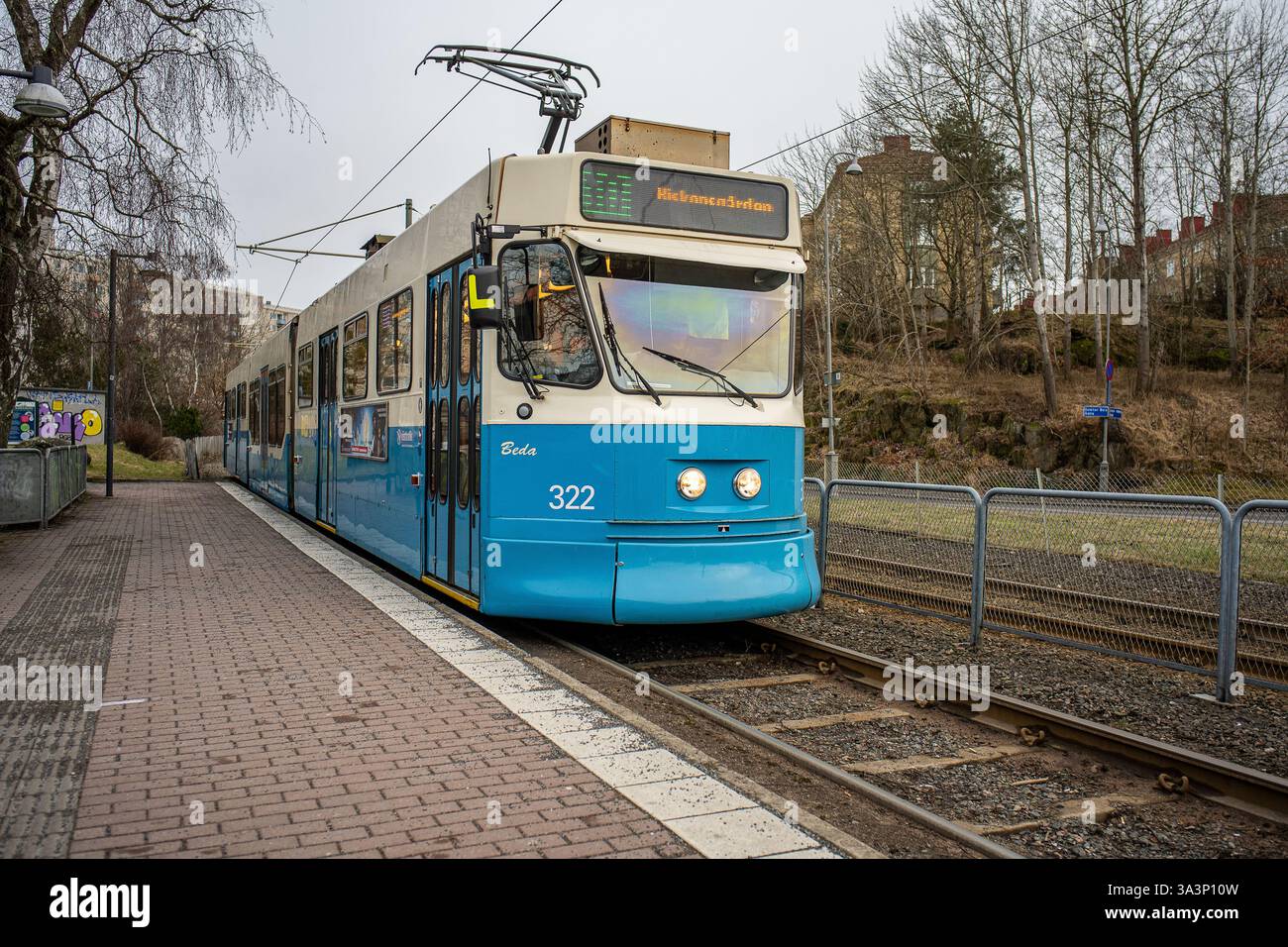 The iconic blue trams of Gothenburg on a cloudy day in early March 2025. Gothenburg is the ...