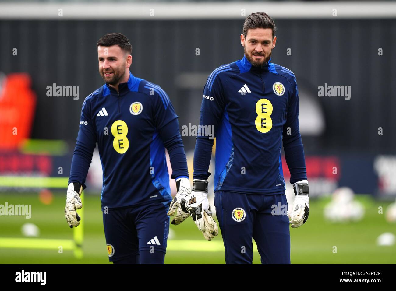 Scotland goalkeeper Craig Gordon (right) and Liam Kelly during a ...