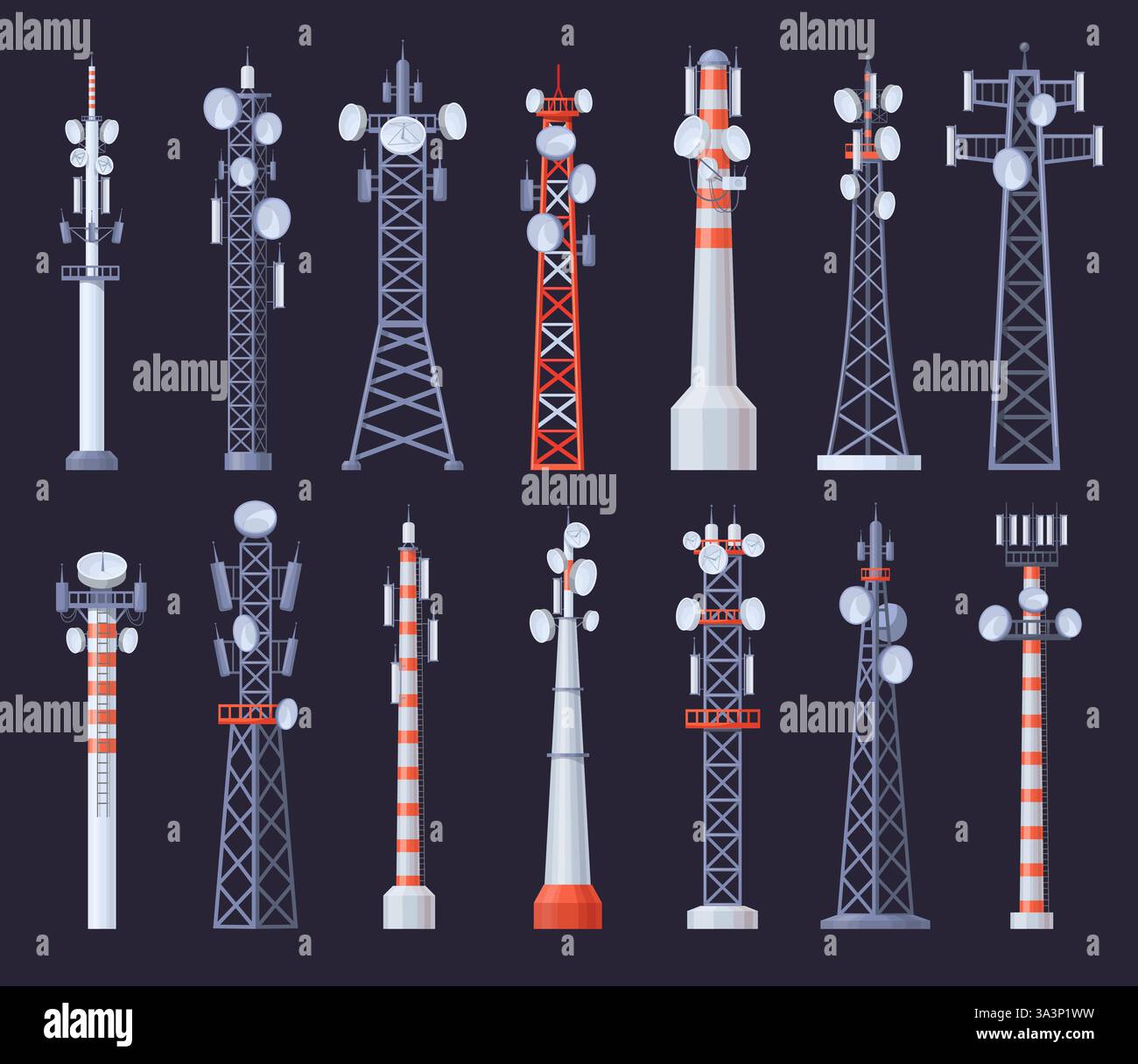 Telecom towers. Cell telecommunication antenna, 4g 5g gsm signal radio ...