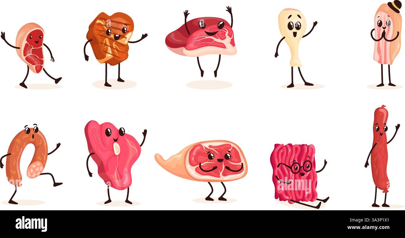 Cartoon meat characters. Funny raw minced meats mascots, pork beef ham ...