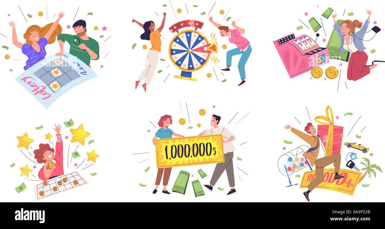 Lottery winners. Happy people draw lucky ticket, raffle win casino ...