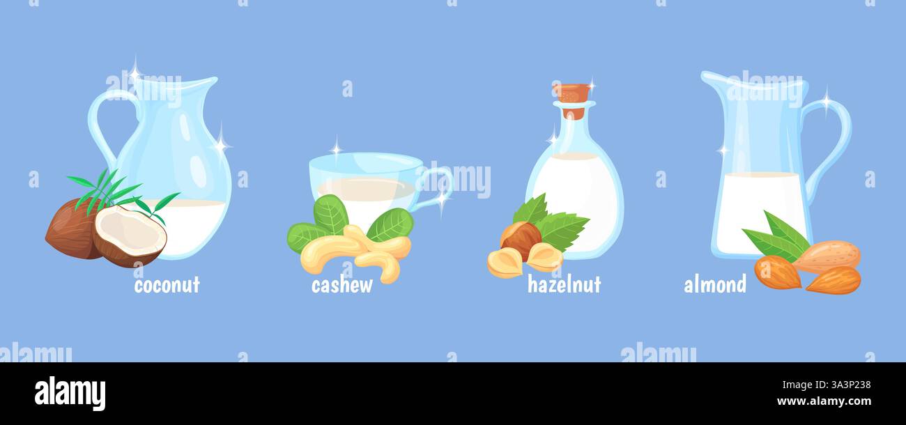 Vegetable milk. Vegan natural milk drinks lactose free, nut coconut ...