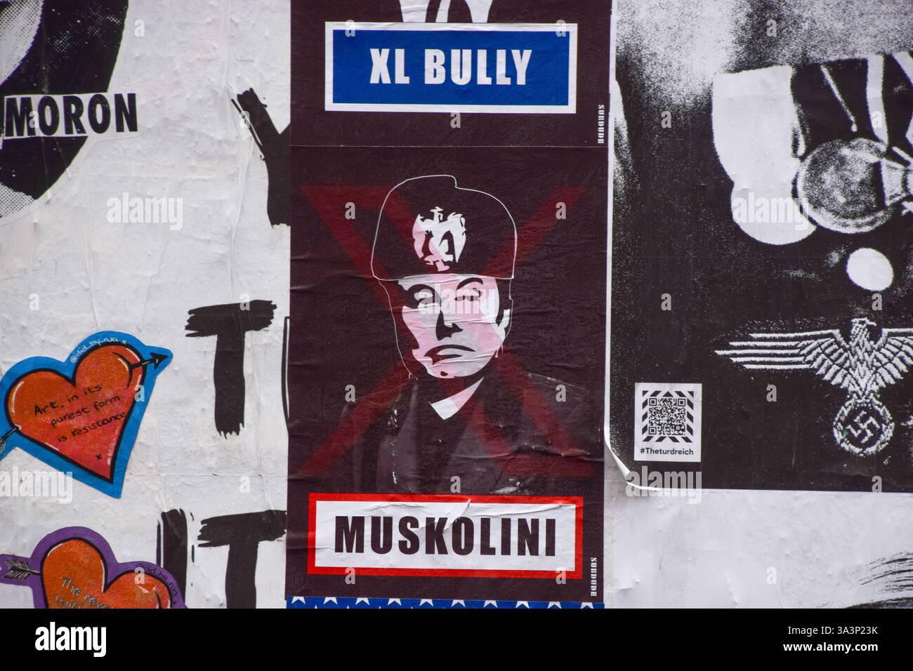 London, UK. 17th March 2025. A poster depicting Elon Musk as 'Muskolini ...