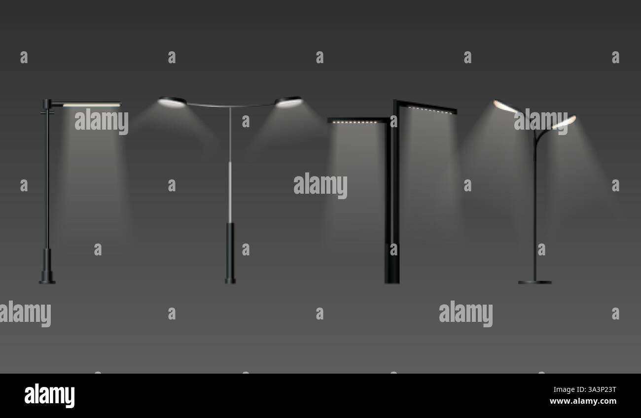 Realistic street lamp. Modern city street lights row for night road or ...