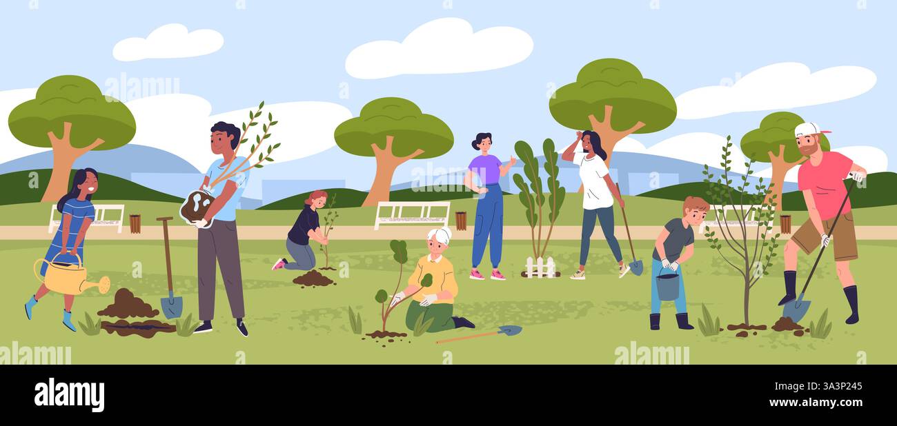 Volunteers plants trees. People with shovel planting sapling tree in ...