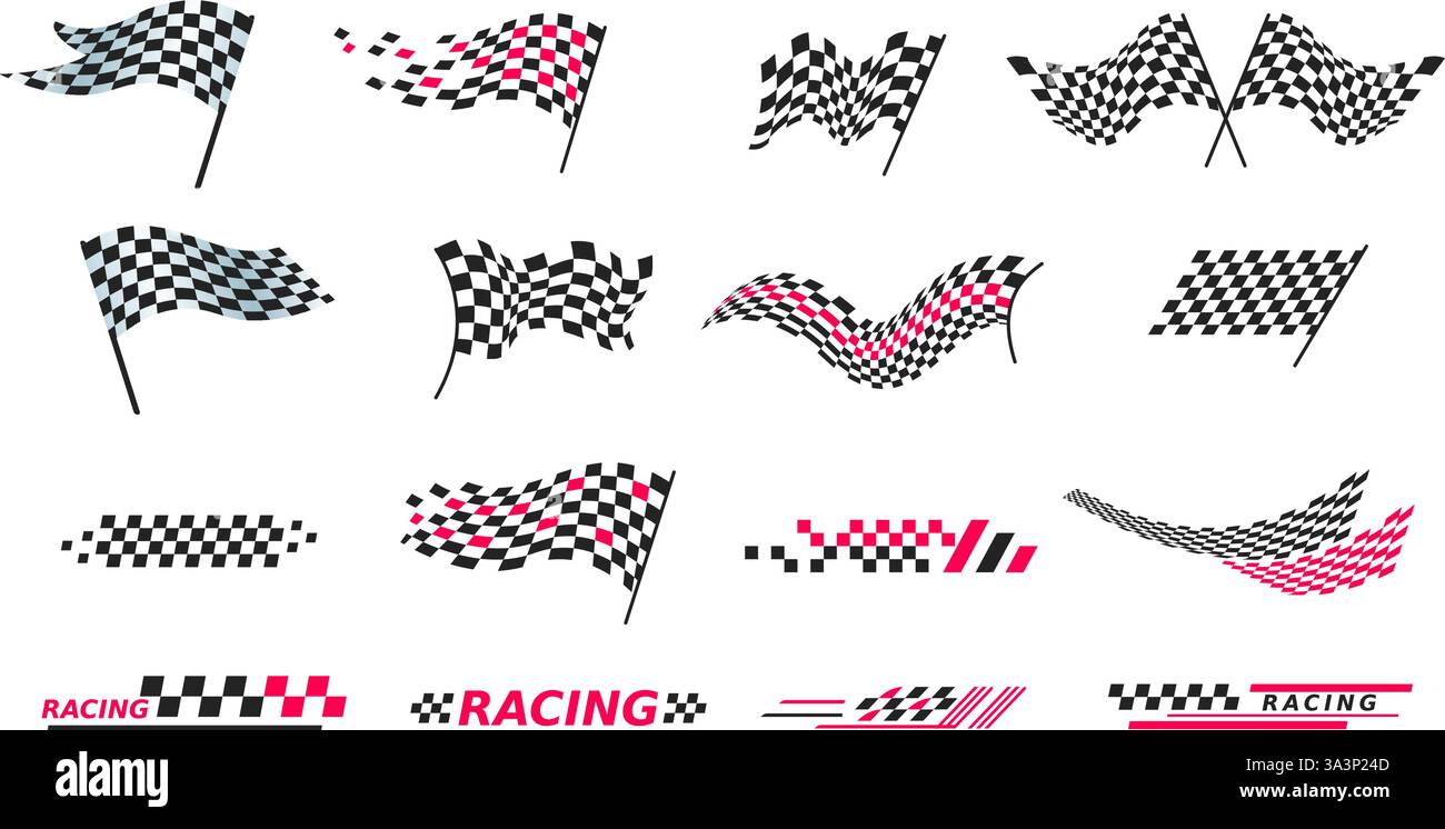 Racing checkered flags. Rally race logo emblems, start finish flag ...