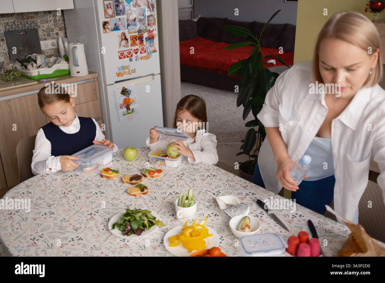 Mother preparing school lunches with her daughters at home Stock Photo ...