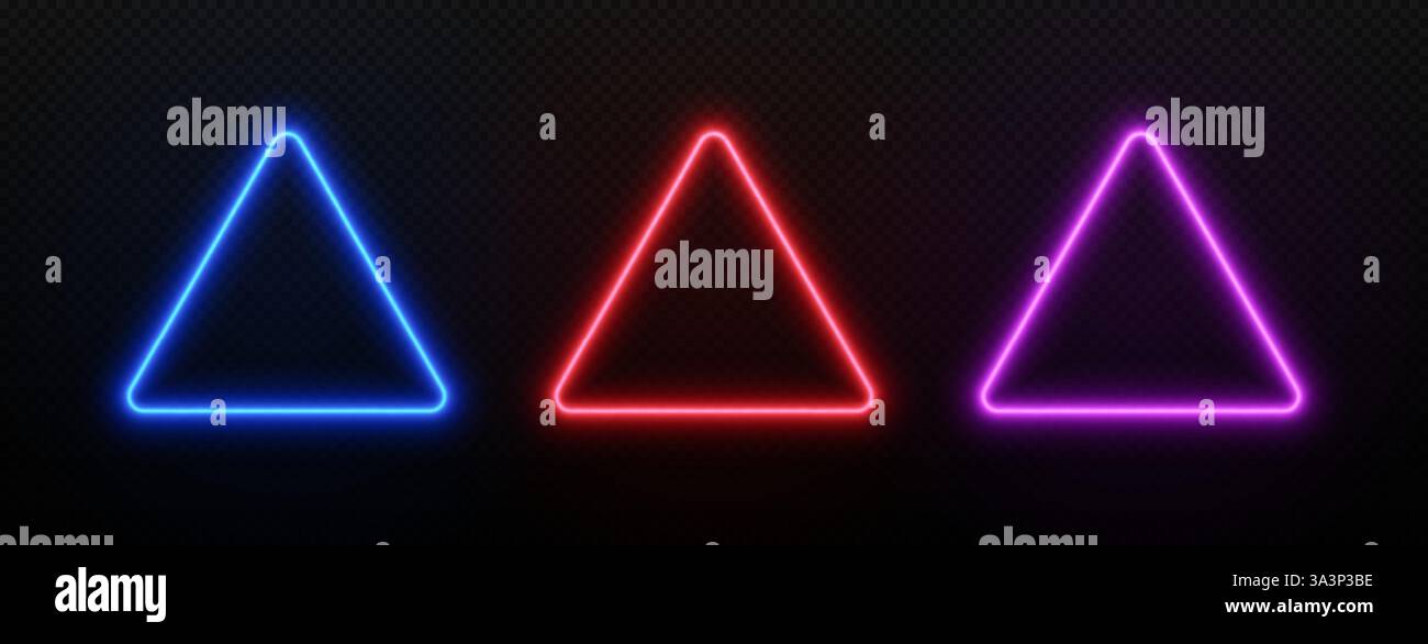 Triangle neon light frame. Border with laser glow in red, blue and ...