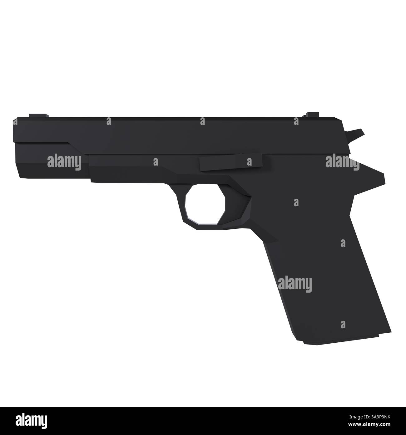 A black handgun rests in a side profile view against a white background ...