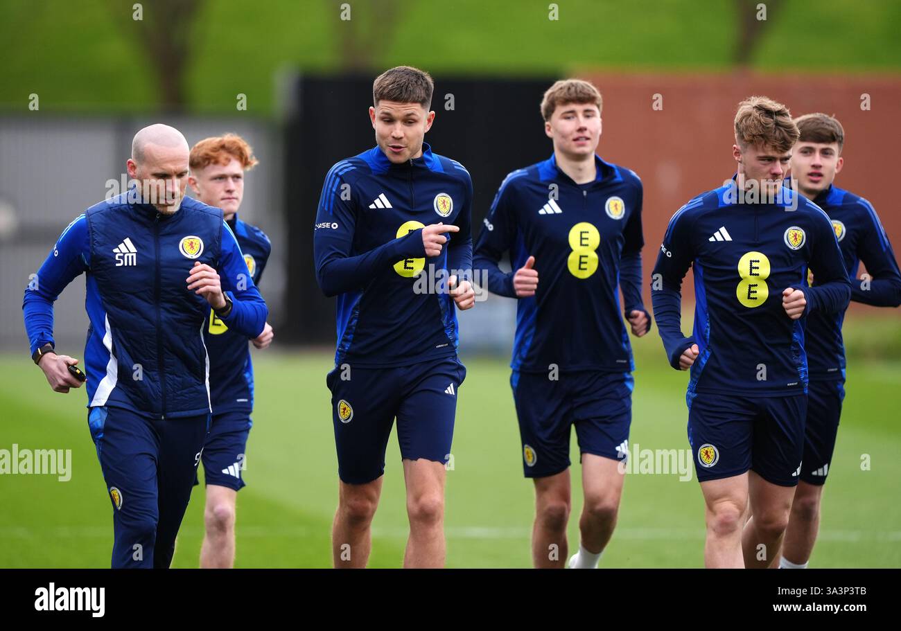 Scotland's George Hirst (centre left) and team-mates during a training ...
