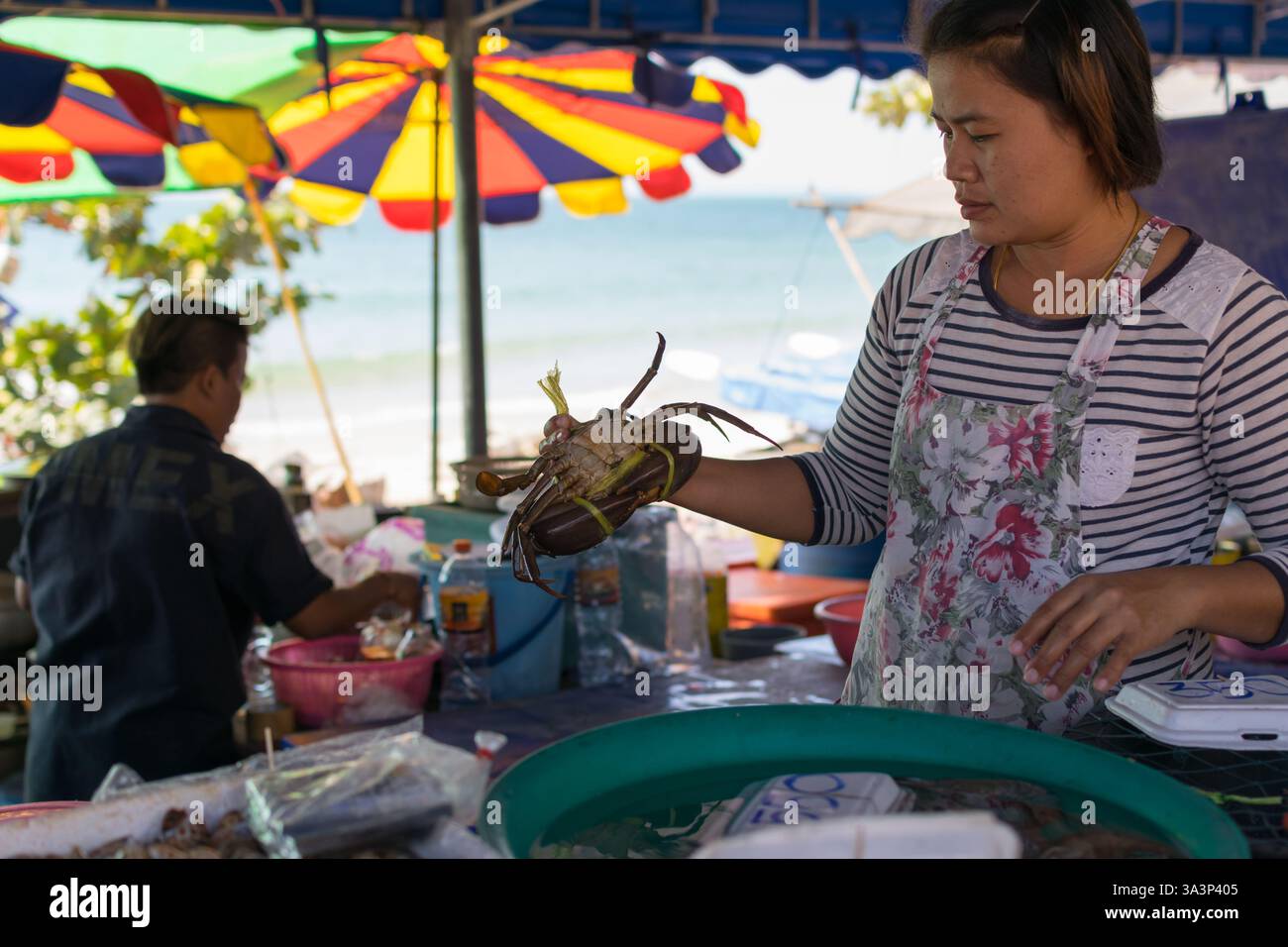 Rayong, Thailand - December 31, 2015 : Thai seafood market at Laem Mae ...