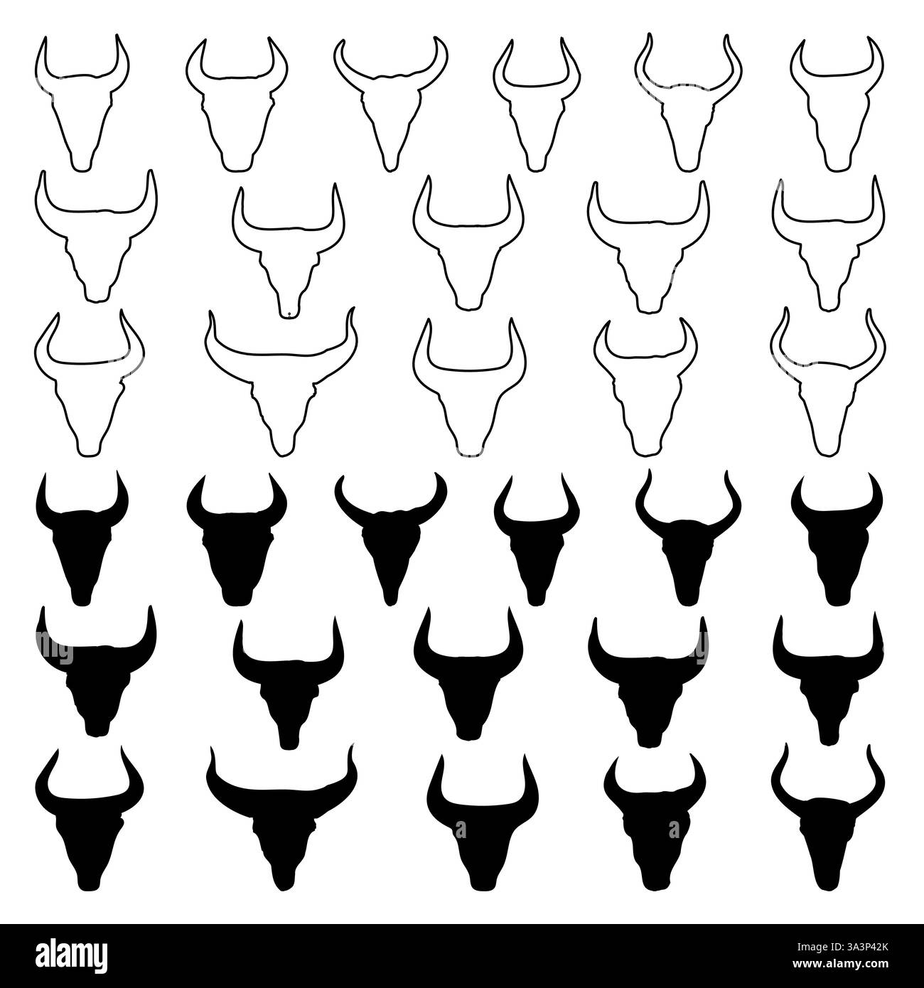 Cow or bull head black silhouette and line art icons isolated on a ...