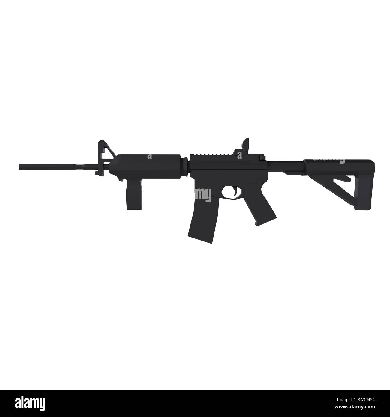 A sleek black assault rifle with tactical features stands alone on a ...