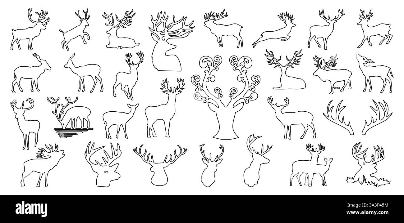 Set of deer line art icons isolated on a white background Stock Vector ...