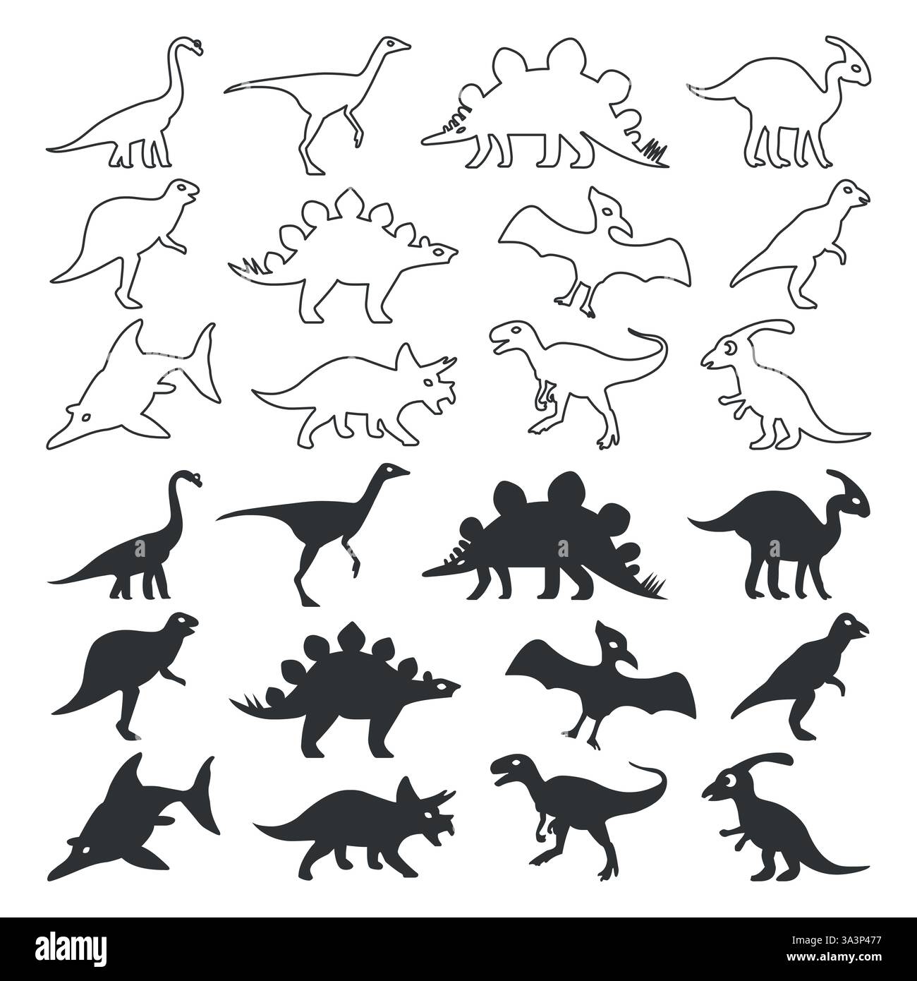 Dinosaurs silhouette and line art icons design vector illustration ...