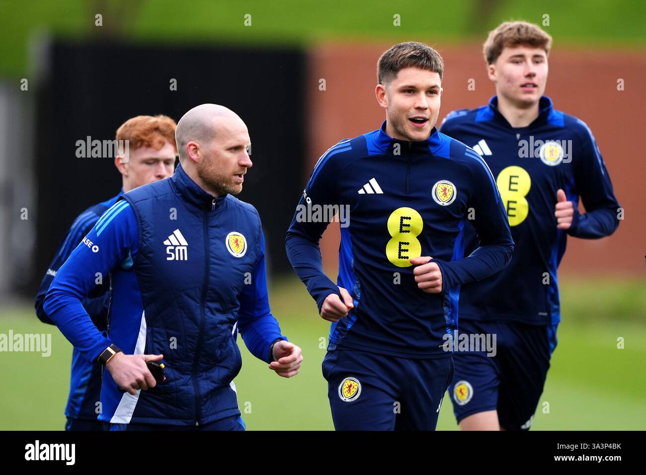 Scotland's George Hirst (centre left) and team-mates during a training ...