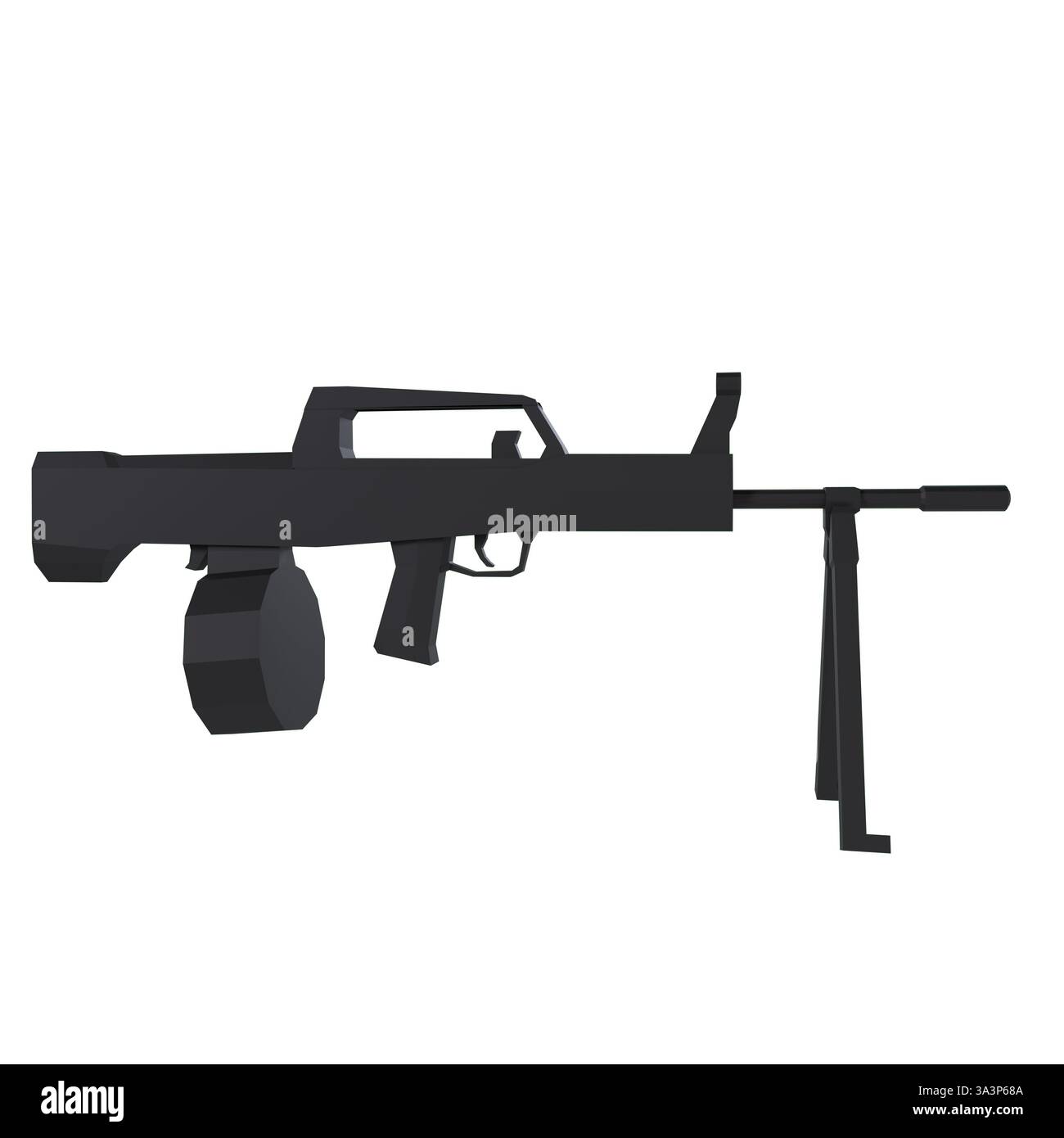 Detailed black assault rifle model with magazine and bipod stands ...