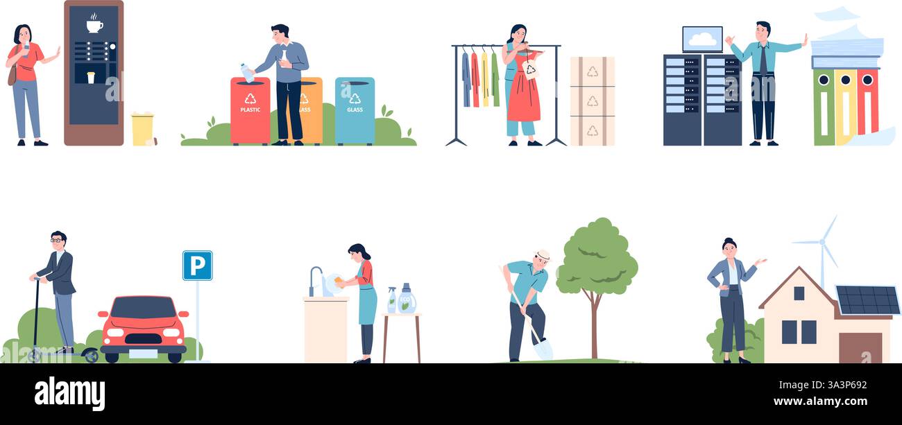 Eco friendly habits. Ecology lifestyle, people sorting garbage, economy ...