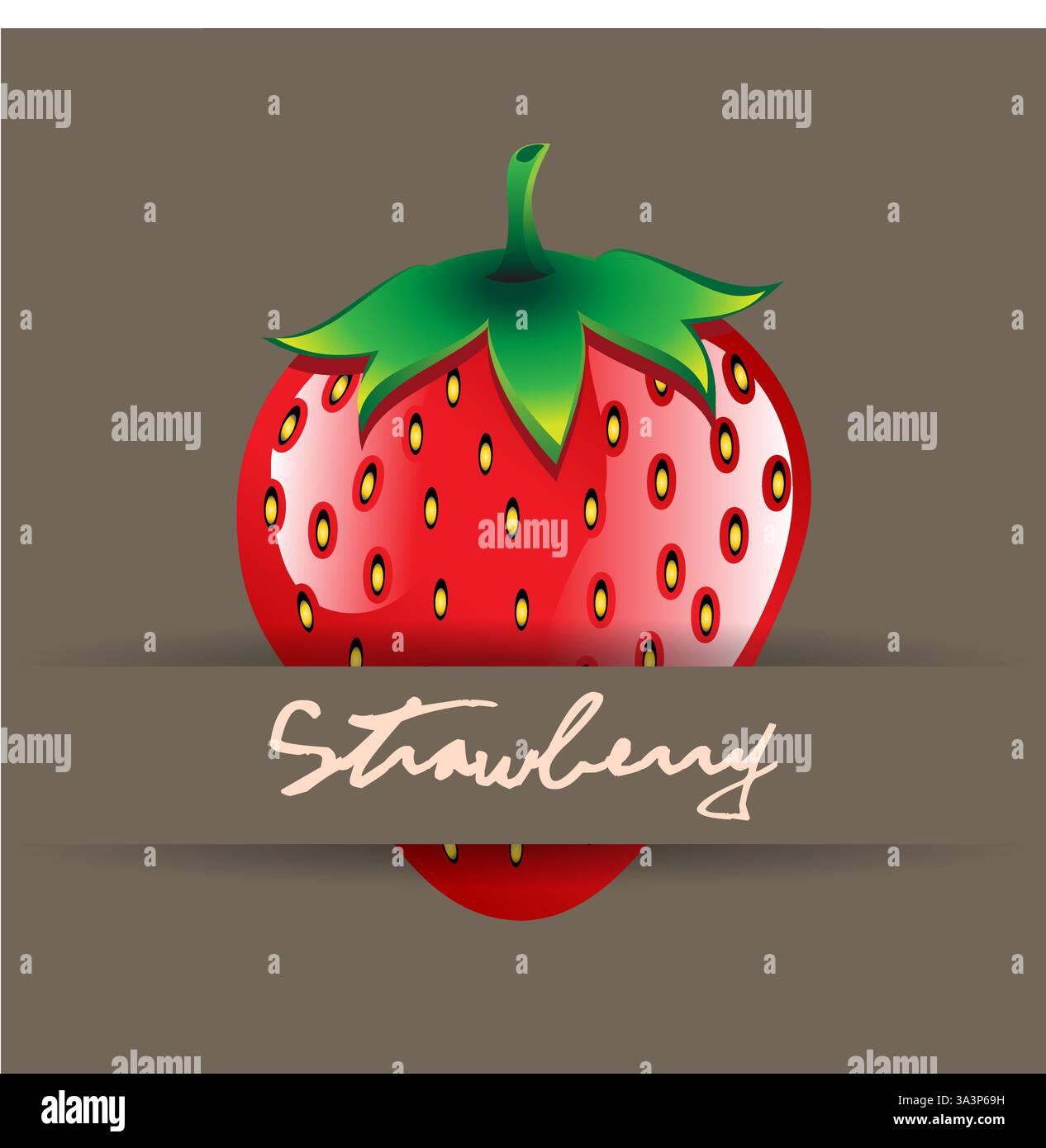 Red strawberry fruit grey brown background with name on strip Stock ...