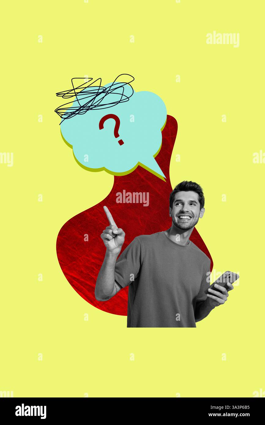 Vertical art trend collage of happy guy hold phone question mark bubble ...