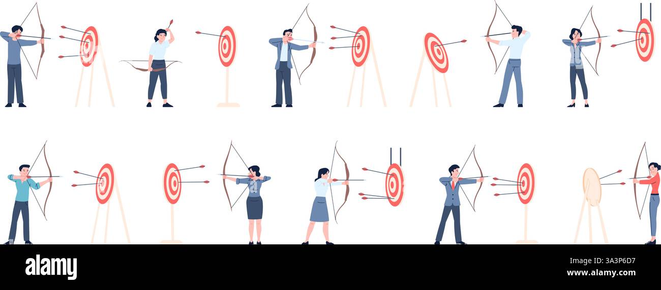 Business people shoot targets. Office characters, men women in costumes ...